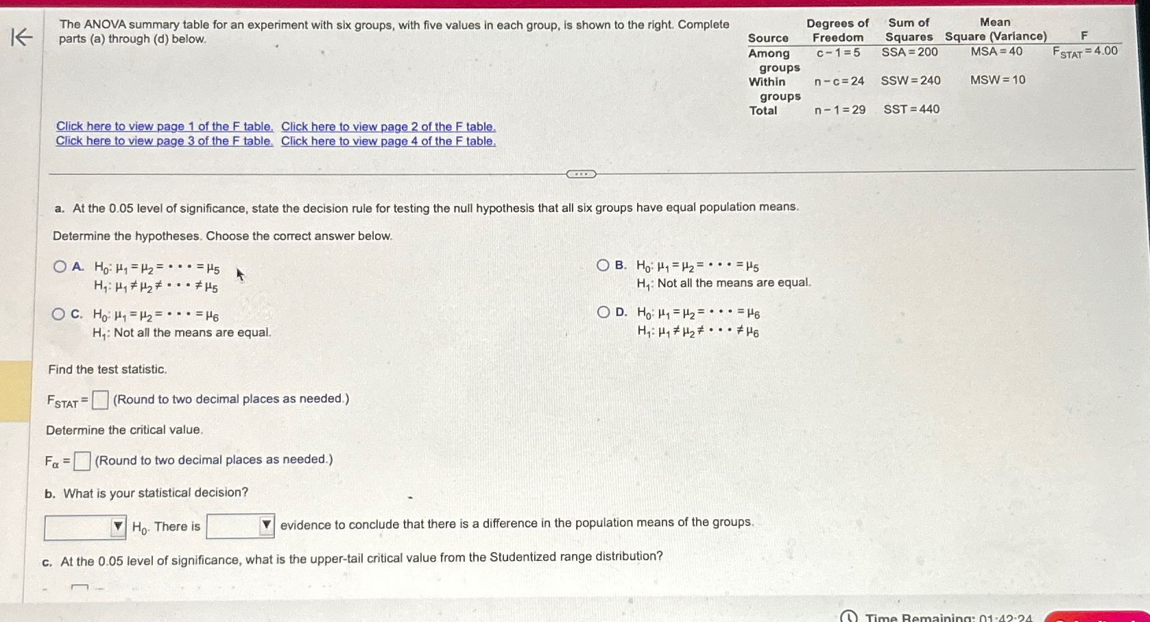 The ANOVA summary table for an experiment with six | Chegg.com