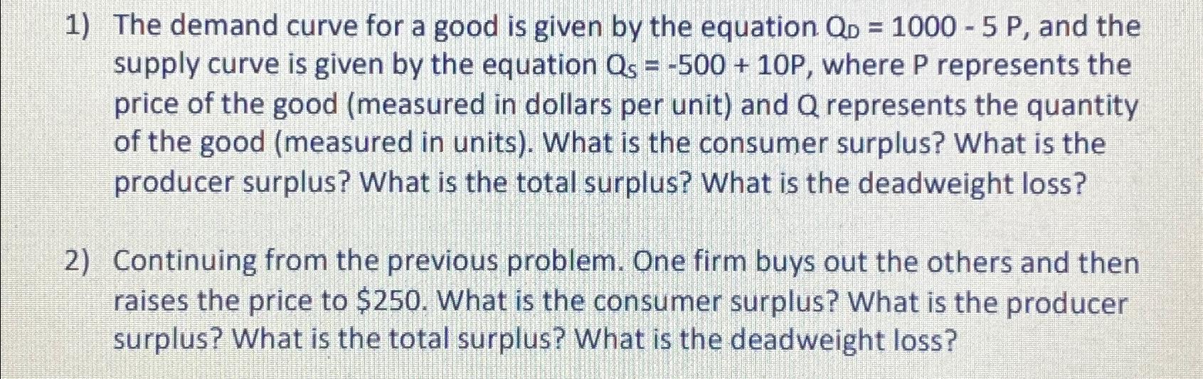 Solved The demand curve for a good is given by the equation | Chegg.com