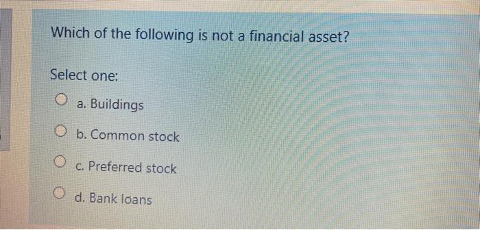 Solved Which of the following is not a financial asset? | Chegg.com