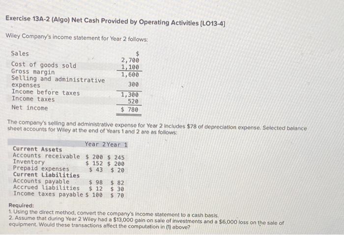 Solved Exercise 13A-2 (Algo) Net Cash Provided by Operating | Chegg.com