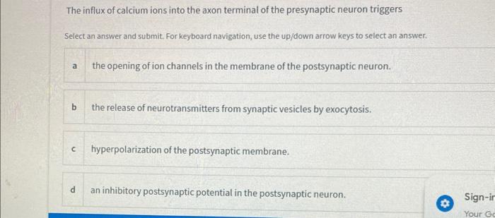 Solved The influx of calcium ions into the axon terminal of | Chegg.com