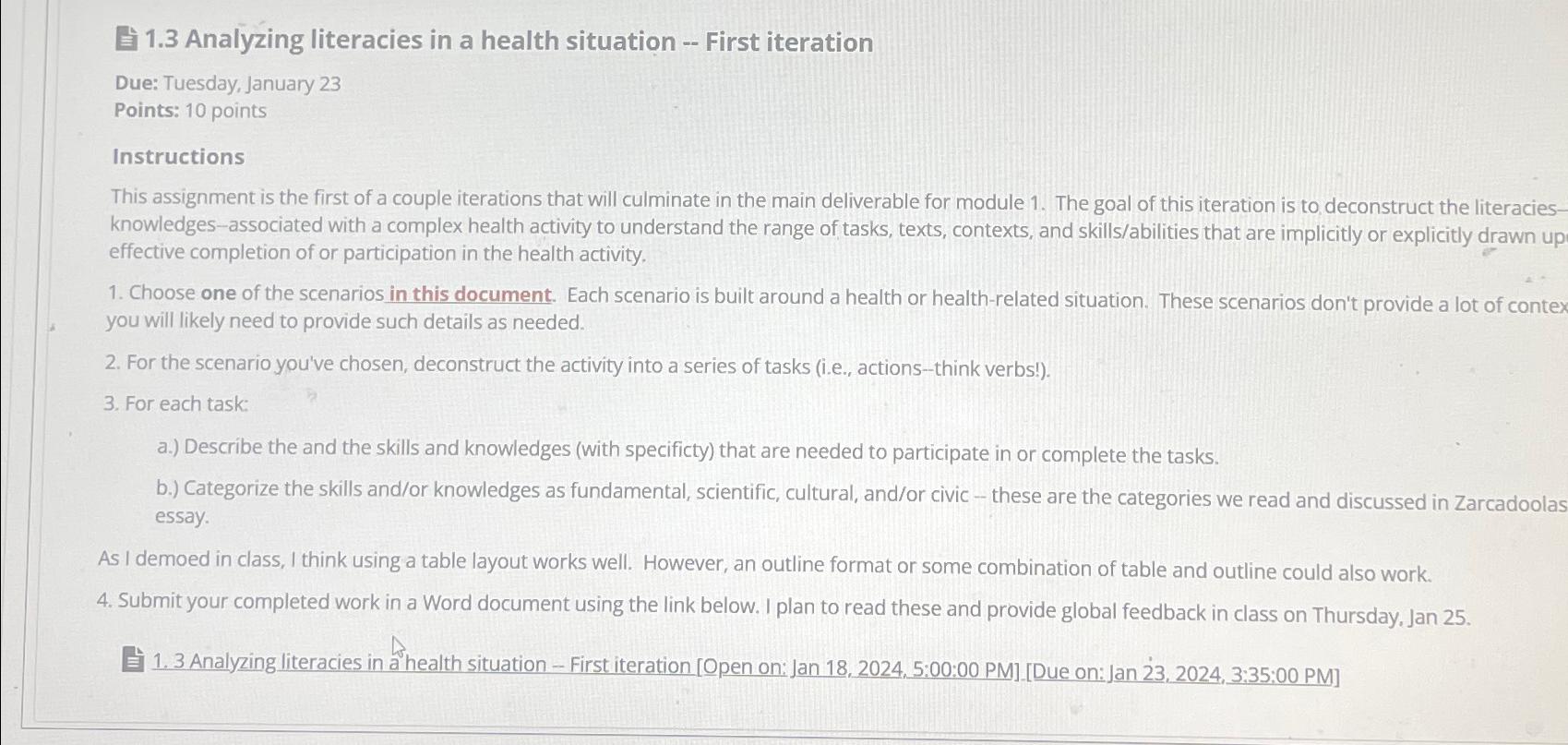 Solved 1.3 ﻿Analyzing literacies in a health situation - | Chegg.com