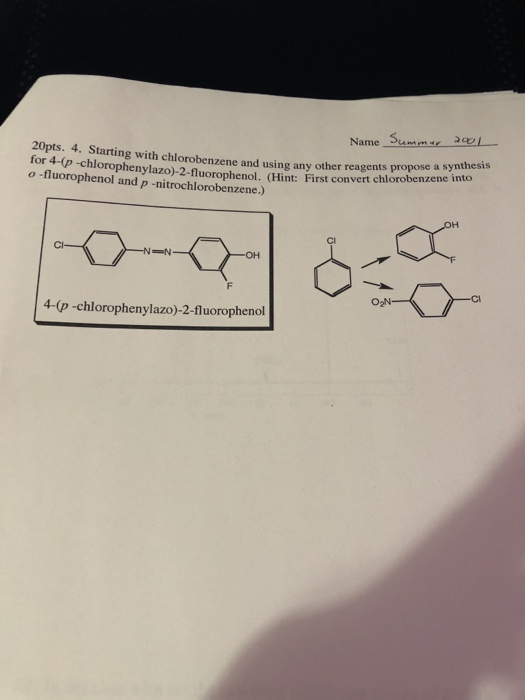 Solved Summar Name 20pts. 4. Starting with chlorobenzene and | Chegg.com