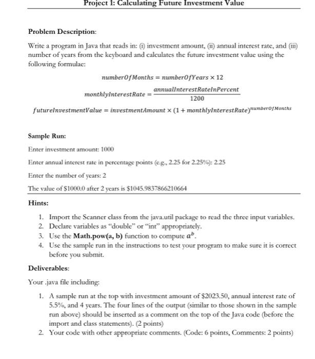Solved Project 1: Calculating Future Investment Value | Chegg.com