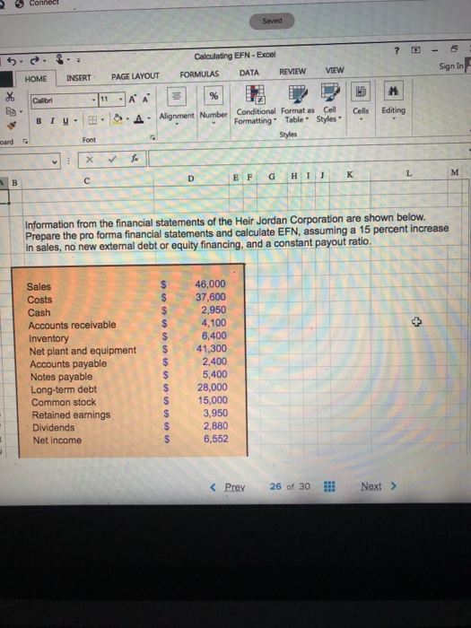 Solved Connect Saved ? 5 Calculating EFN- Excel FORMULAS | Chegg.com