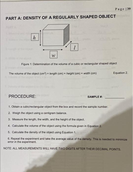 Solved Page 39 PART A: DENSITY OF A REGULARLY SHAPED OBJECT | Chegg.com