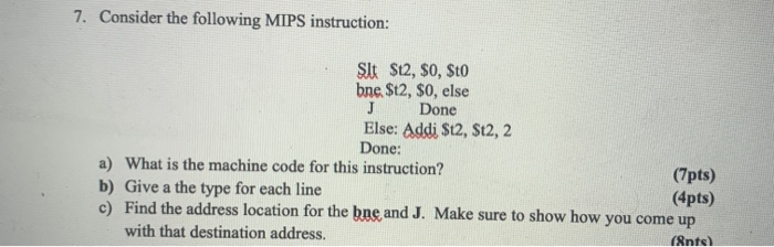 Solved 7. Consider the following MIPS instruction: Slt $12, | Chegg.com
