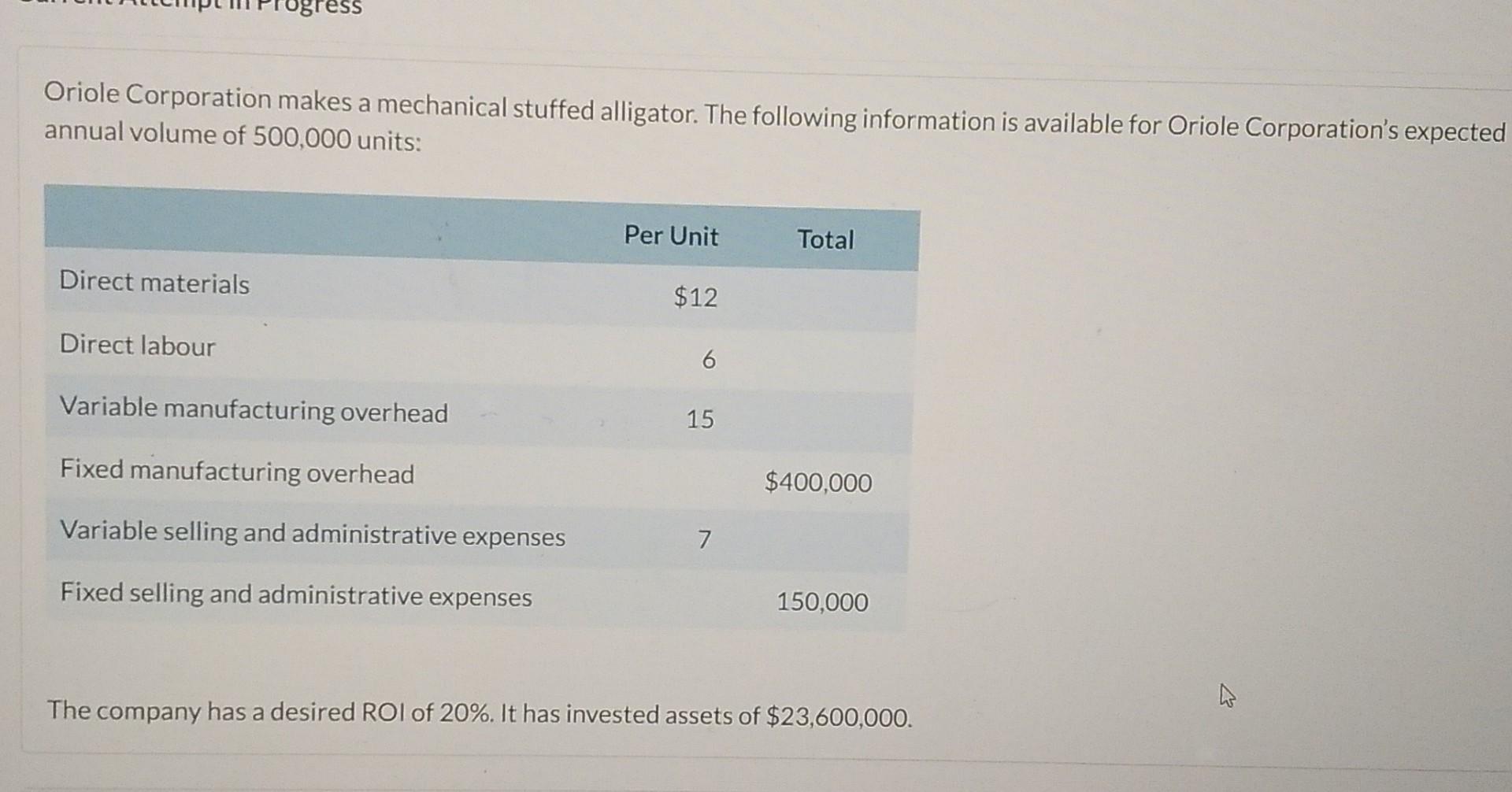 Solved Oriole Corporation makes a mechanical stuffed | Chegg.com