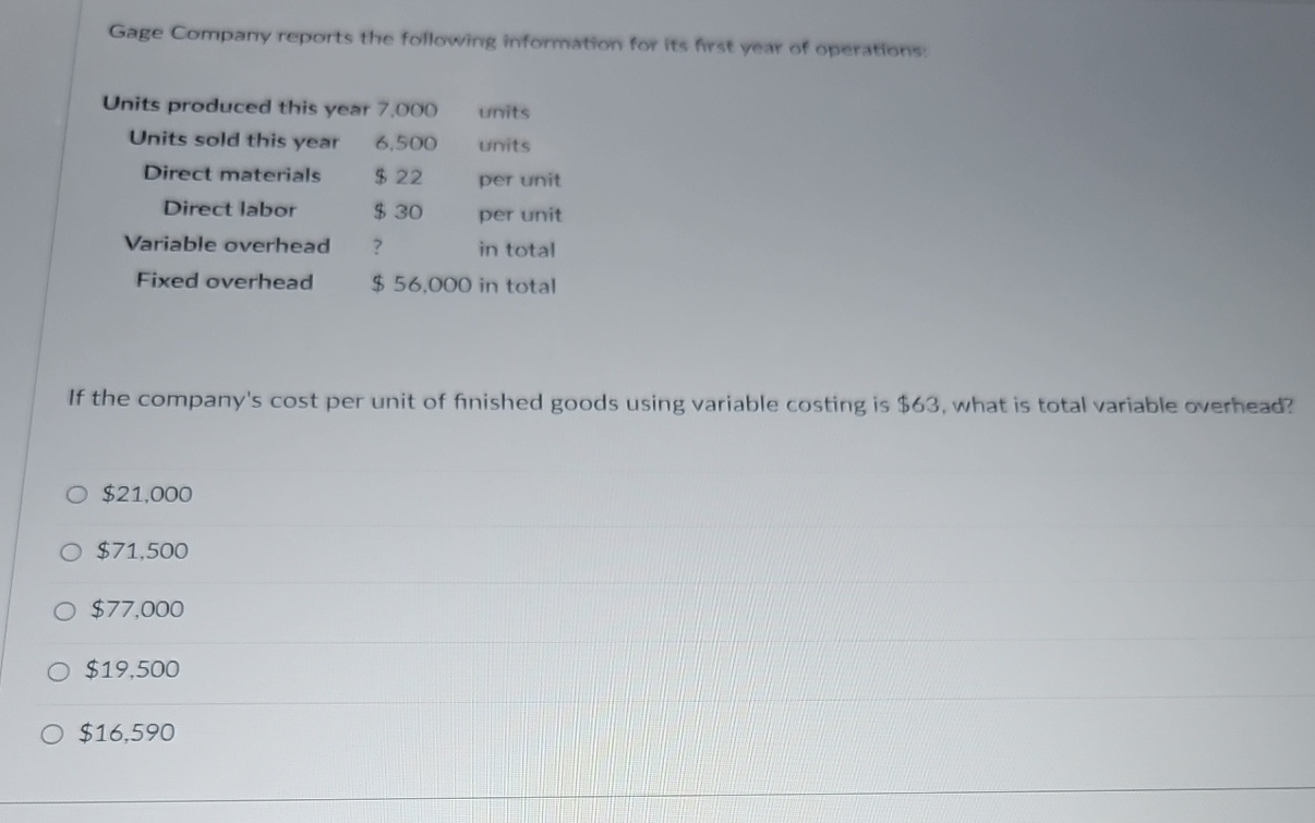 Solved Gage Company reports the following information for | Chegg.com