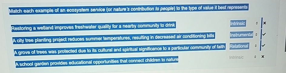 Solved Match each example of an ecosystem service (or | Chegg.com