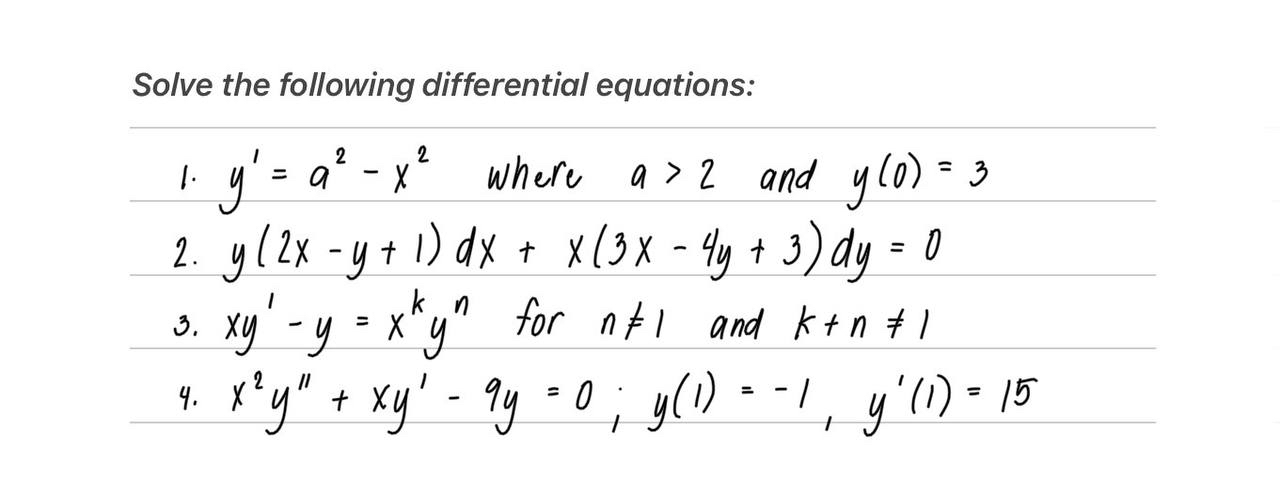 Solved Solve the following differential equations:y'=a2-x2 | Chegg.com