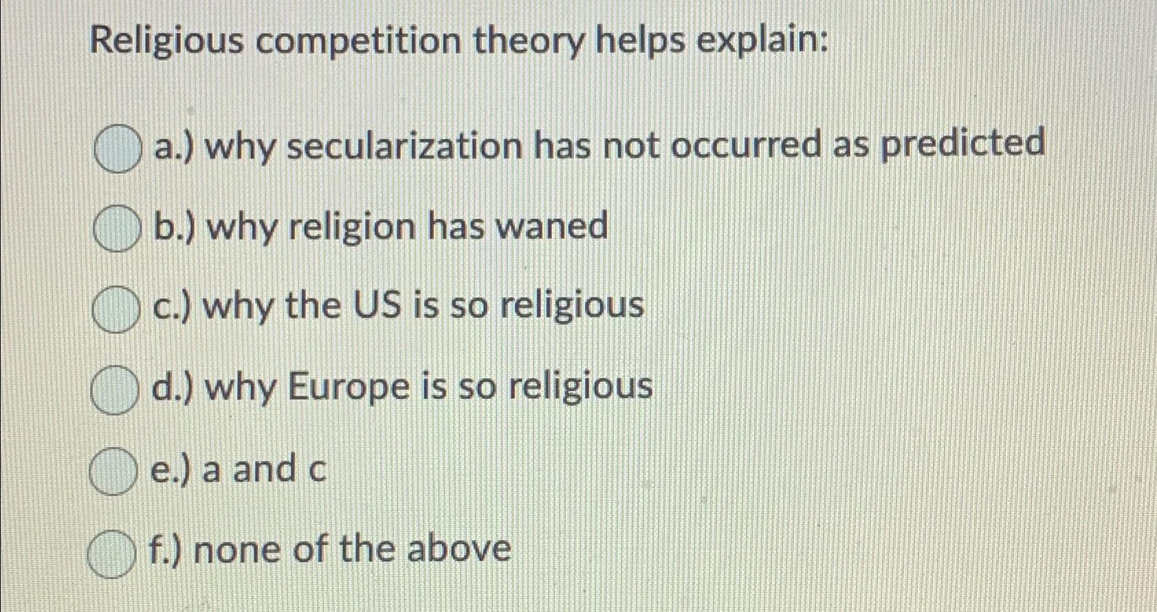 Solved Religious competition theory helps explain:a.) ﻿why | Chegg.com