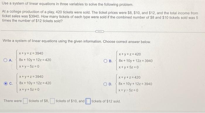 Solved Use a system of linear equations in three variables | Chegg.com