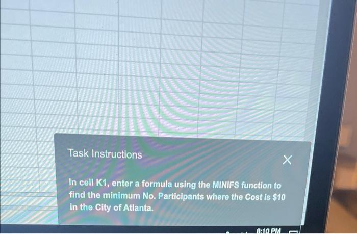 Solved Task Instructions In cell K1, enter a formula using | Chegg.com