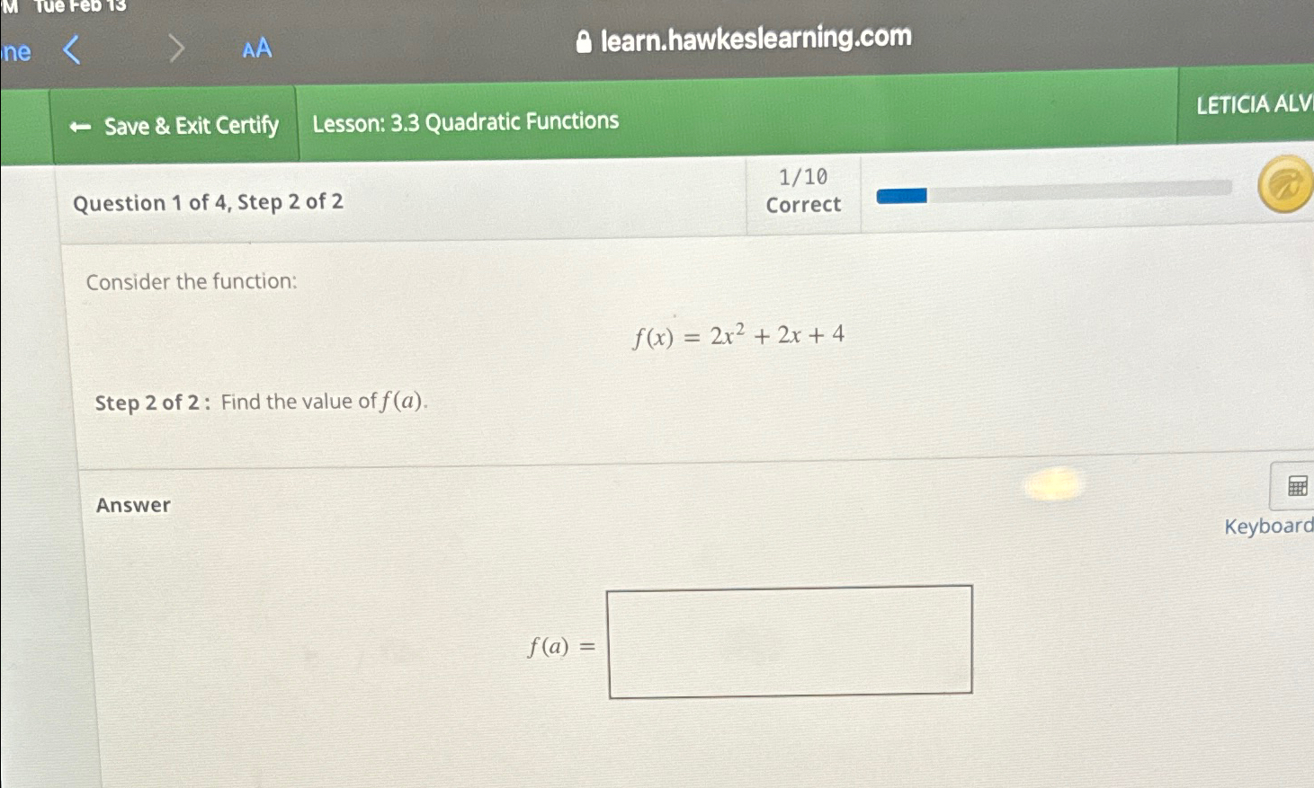 Solved Save & Exit CertifyLesson: 3.3 ﻿Quadratic | Chegg.com