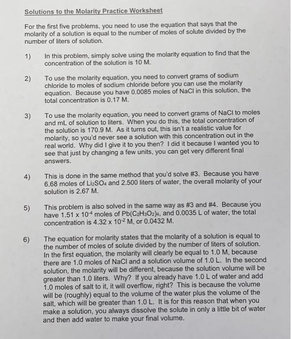 Solutions to the Molarity Practice Worksheet For the | Chegg.com