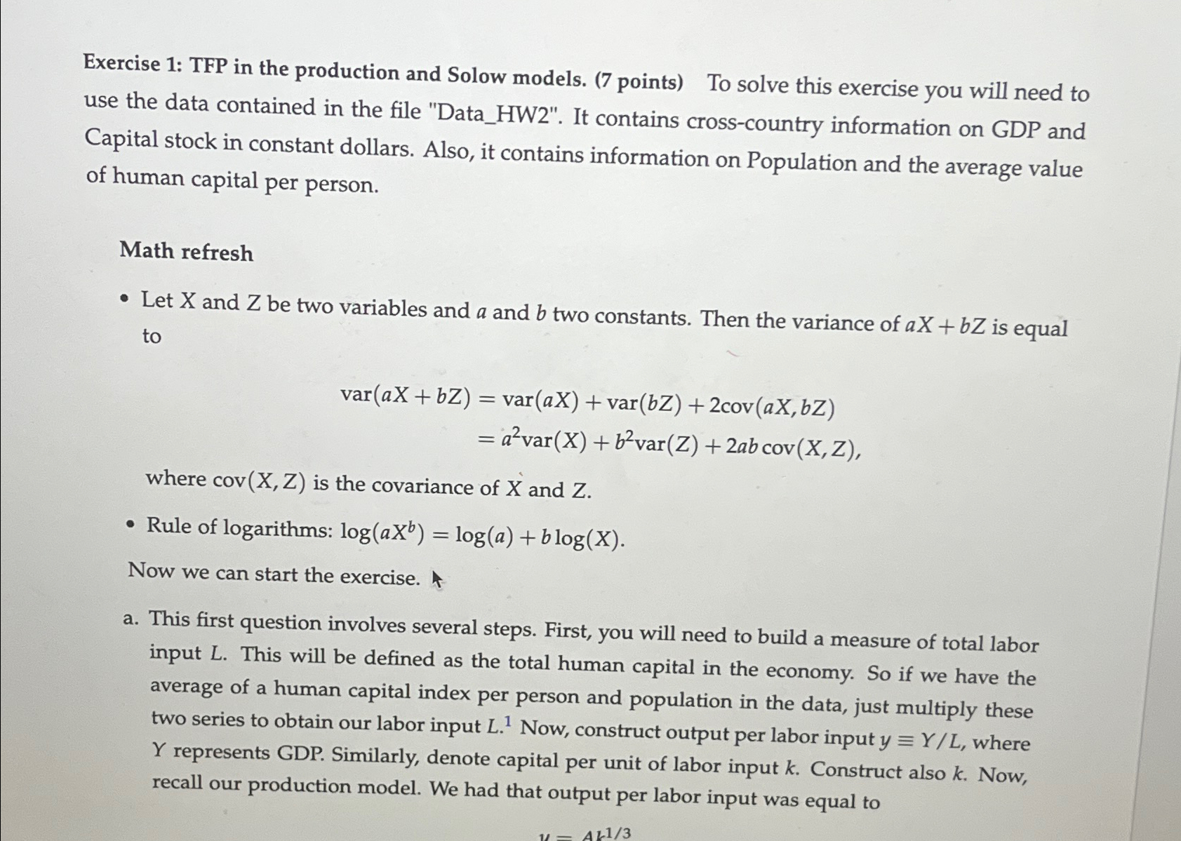 Solved Exercise 1: TFP in the production and Solow models. | Chegg.com