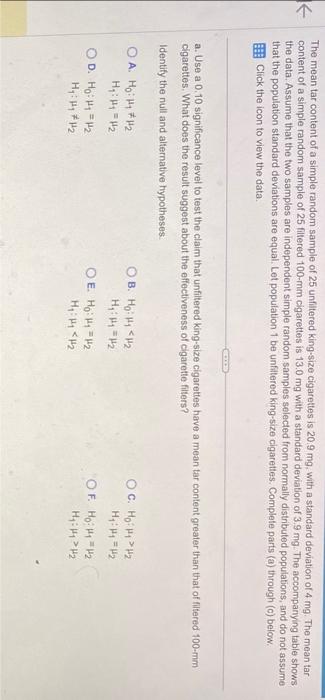 Solved The mean tar content of a simple random sample of 25 | Chegg.com