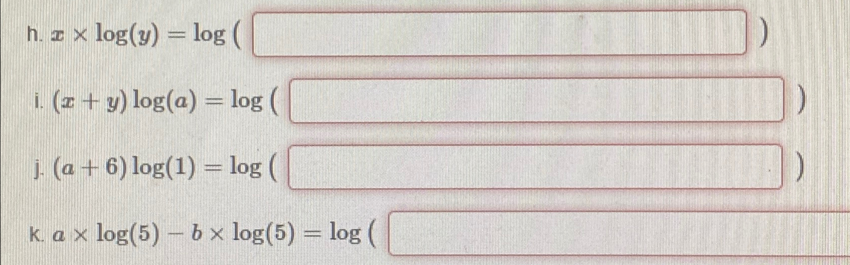 Solved ก. ﻿i. ﻿j. ﻿k. a×log(5)-b×log(5)=log | Chegg.com