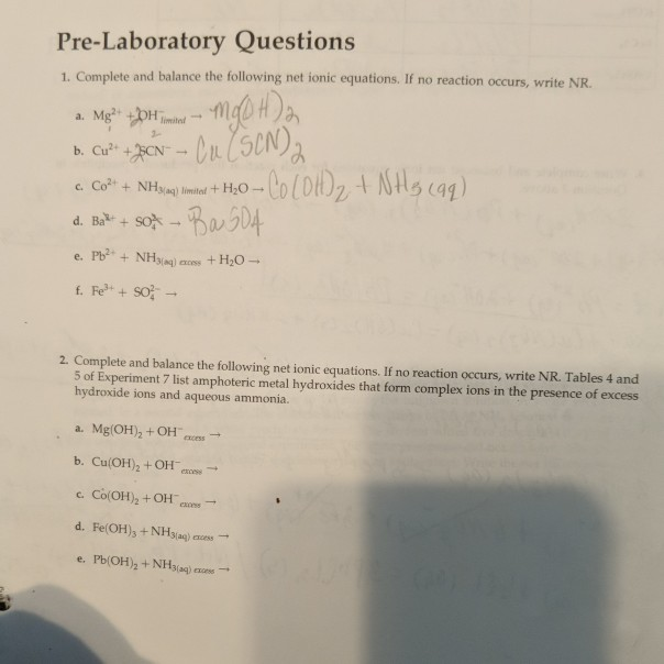 Solved Pre-Laboratory Questions 1. Complete and balance the | Chegg.com
