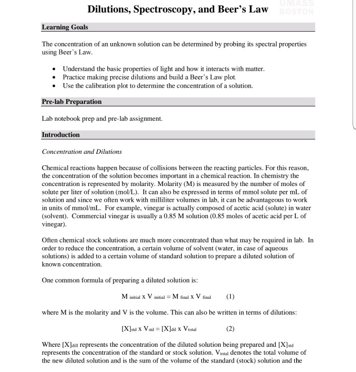 Solved Dilutions, Spectroscopy, and Beer's Law OSTON | Chegg.com