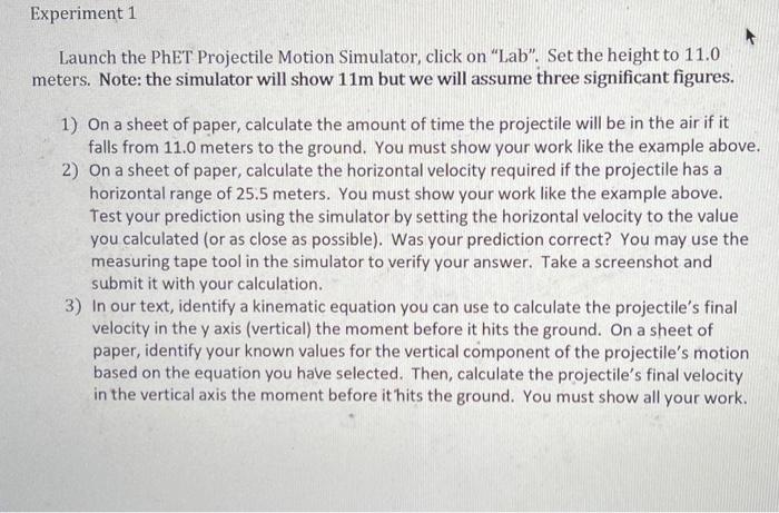 Solved Experiment 1 Launch the PhET Projectile Motion | Chegg.com
