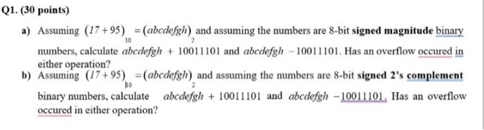 Solved a) Assuming (17+95)10=(abcdefgh)2 and assuming the | Chegg.com