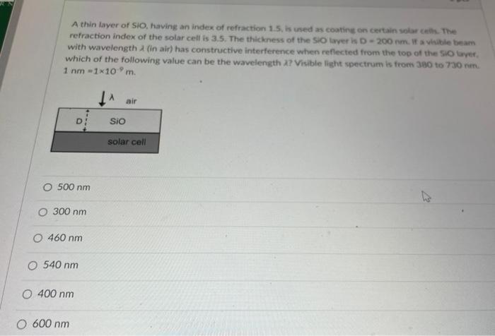 Solved A thin layer of SiO, having an index of refraction | Chegg.com