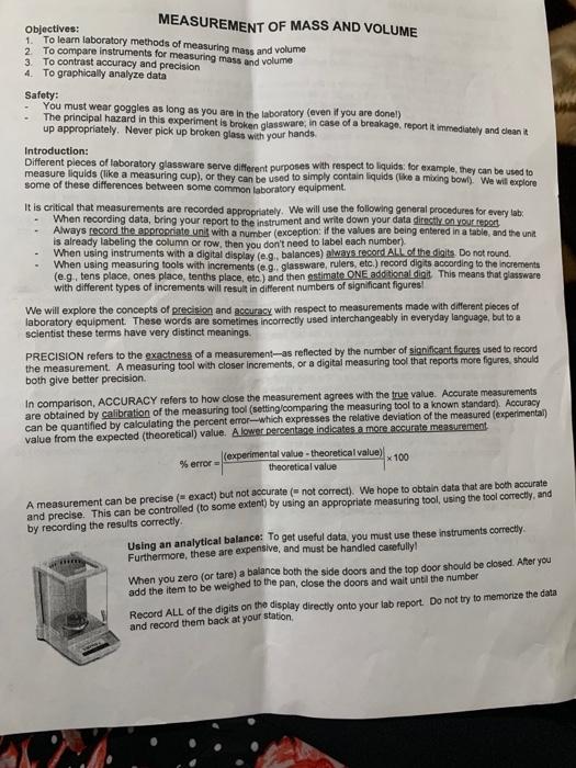 MEASUREMENT OF MASS AND VOLUME Objectives: 1 To learn | Chegg.com