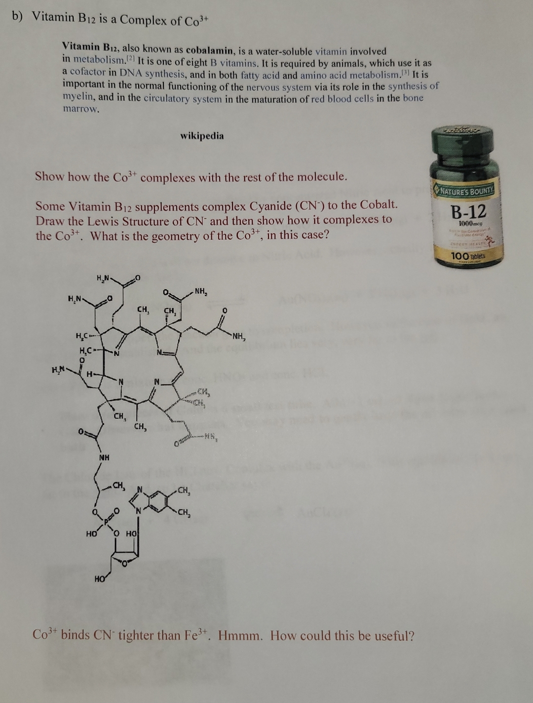 Solved b) ﻿Vitamin B12 ﻿is a Complex of Co3+Vitamin B B12, | Chegg.com