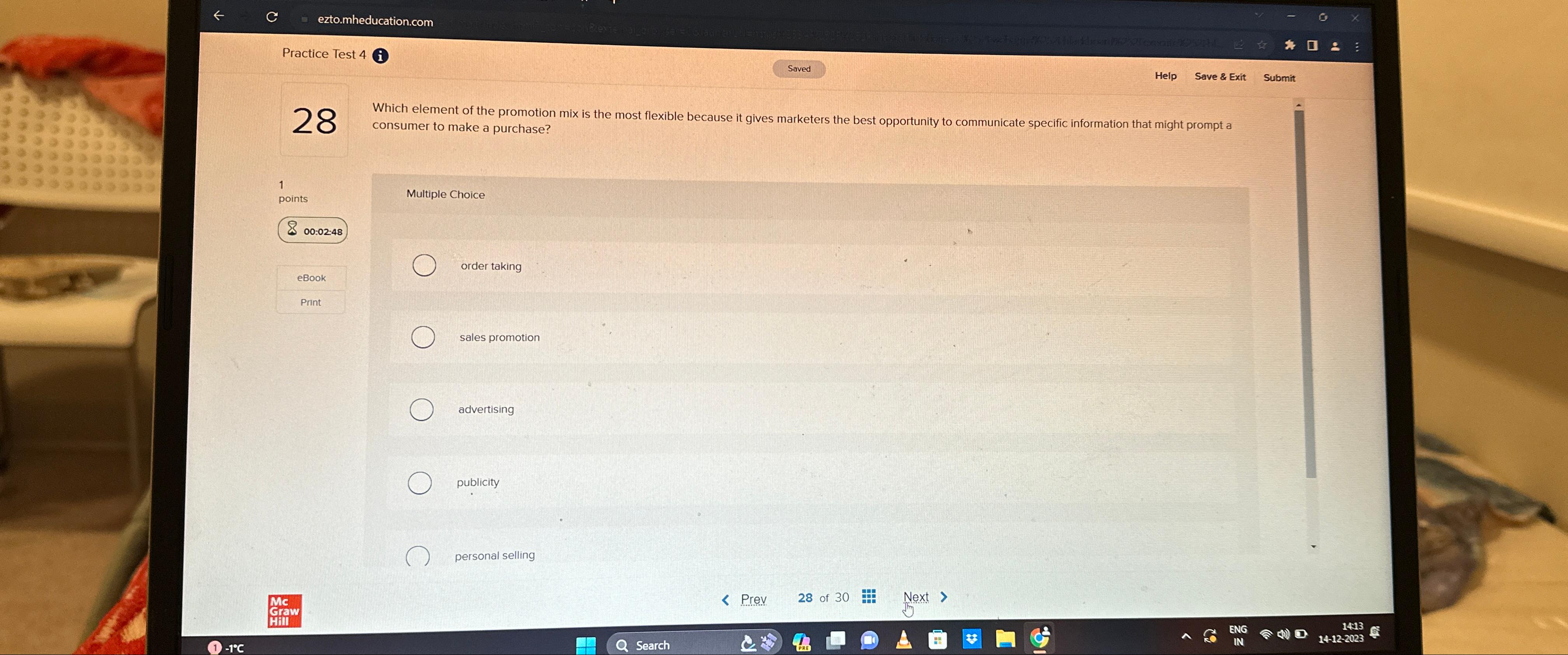 Solved 28Multiple Choice800:02-48order takingsales | Chegg.com