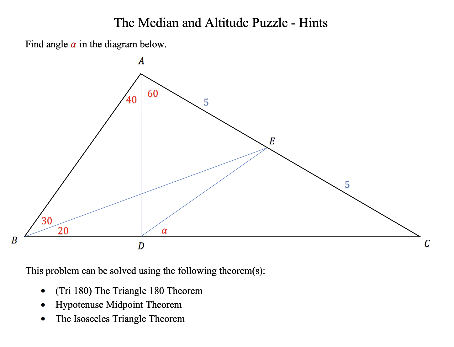 Solved The Median and Altitude Puzzle - ﻿HintsFind angle α | Chegg.com