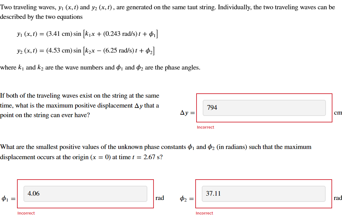 Solved Two traveling waves, y1(x,t) ﻿and y2(x,t), ﻿are | Chegg.com