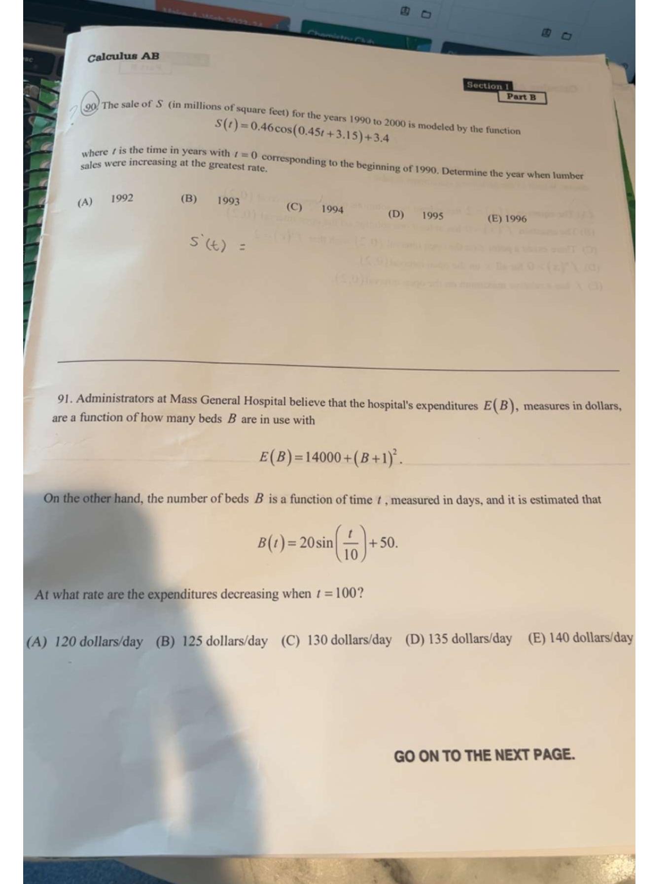 Solved Calculus AB\\nSection 1\\nPart B\\n90. The sale of S | Chegg.com