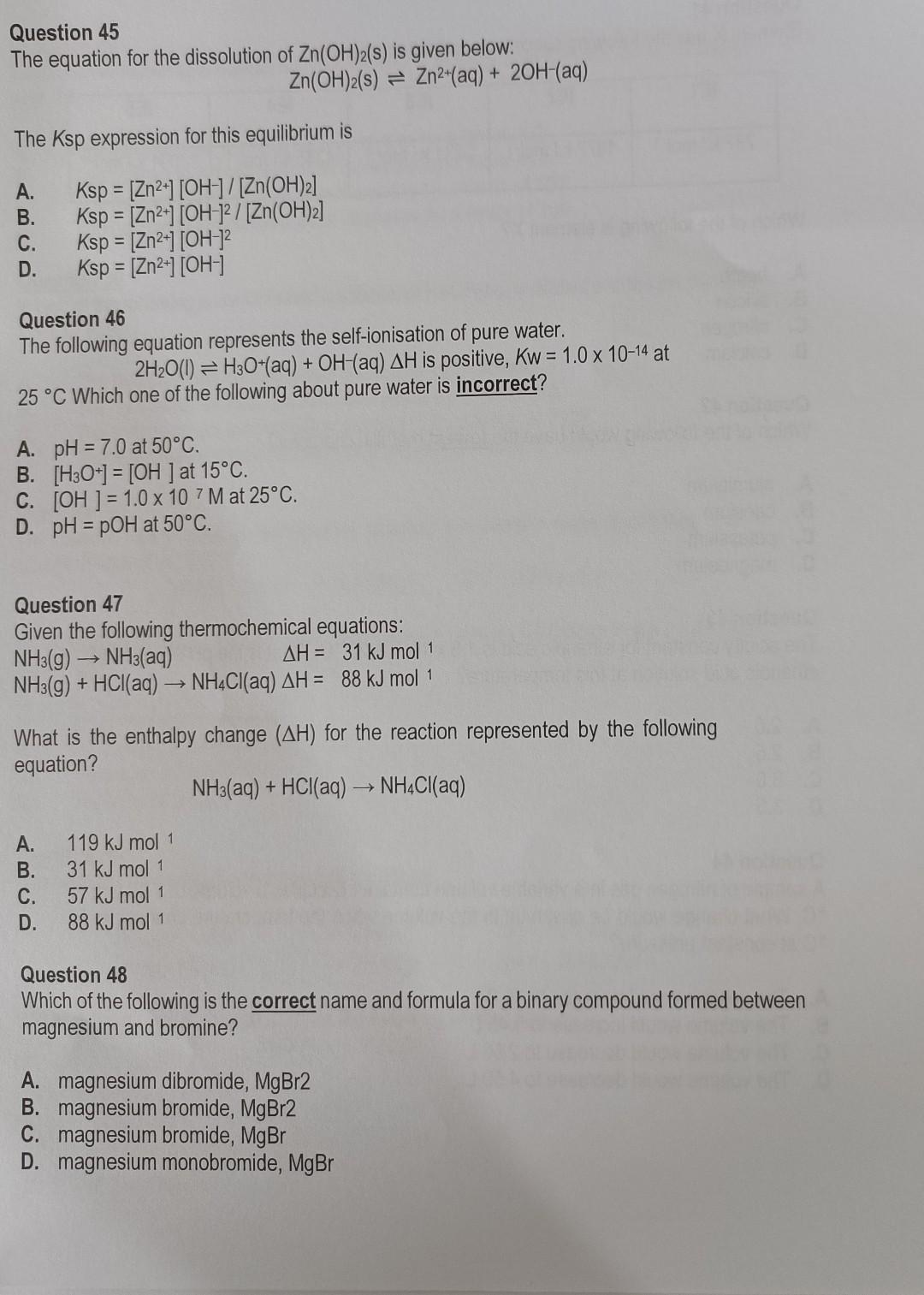 Solved Zn(OH)2( s)⇌Zn2+(aq)+2OH−(aq) The Ksp expression for | Chegg.com