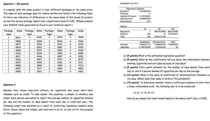 Solved Questien 1 (20 points) SUMMARY OUTPUT A company sells | Chegg.com Solved Questien 1 (20 points) SUMMARY OUTPUT A company sells | Chegg.com