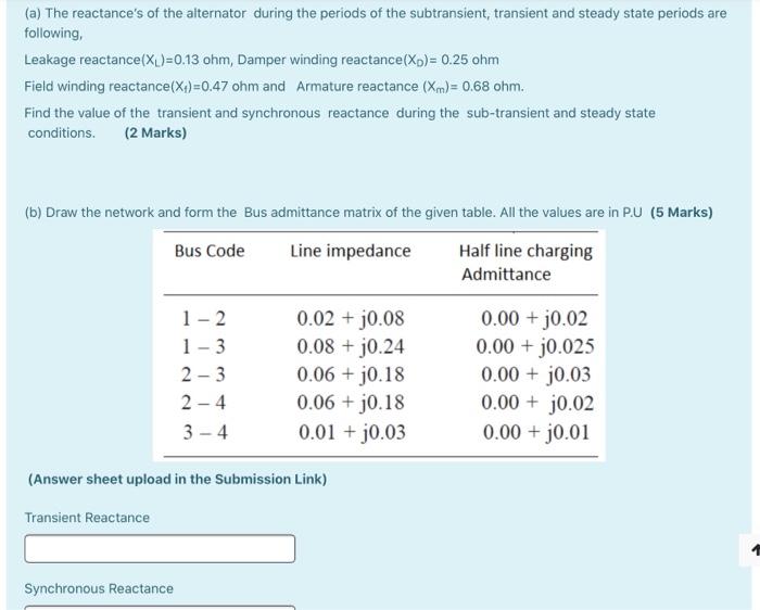 Solved (a) The reactances of the alternator during the | Chegg.com