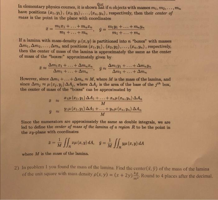 Solved a a Mass Density of a Laminate. The double integral | Chegg.com