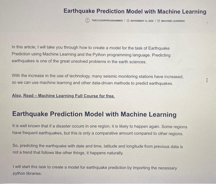 Solved Earthquake Prediction Model with Machine Learning | Chegg.com