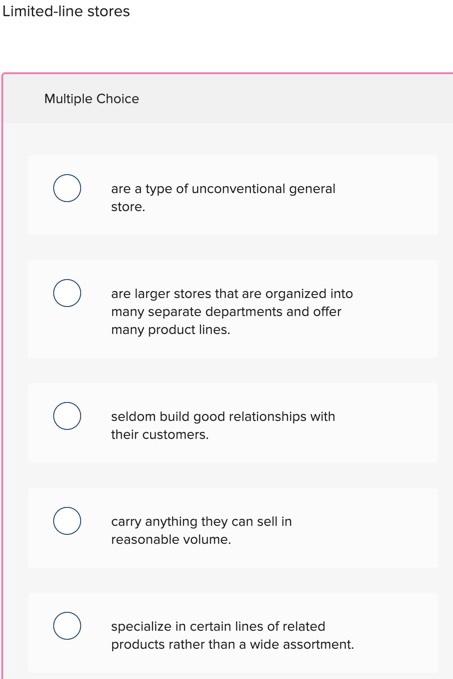 Solved Limited-line stores Multiple Choice are a type of | Chegg.com