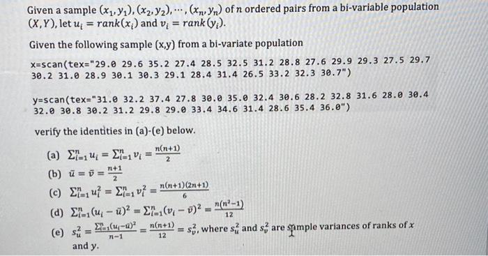 Solved Given a sample (x1,y1),(x2,y2),⋯,(xn,yn) of n ordered | Chegg.com