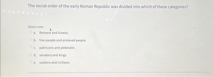 The social order of the early Roman Republic was | Chegg.com