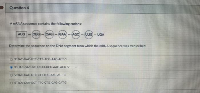 Solved A mRNA sequence contains the following codons: | Chegg.com