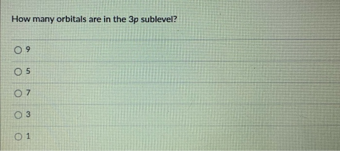 Solved How many orbitals are in the 3p sublevel? 09 O 5 07 O | Chegg.com