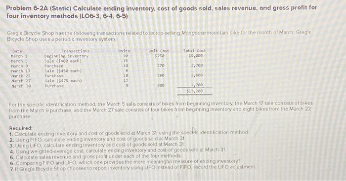 Solved Problem 6-2A (Static) Calculate ending inventory, | Chegg.com