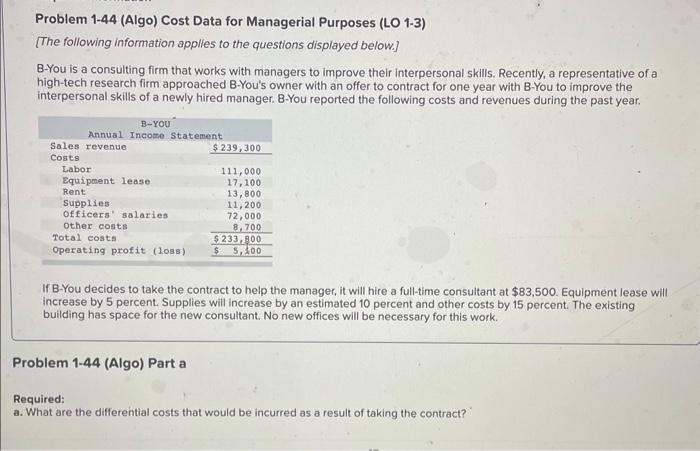Solved Problem 1-44 (Algo) Cost Data for Managerial Purposes | Chegg.com