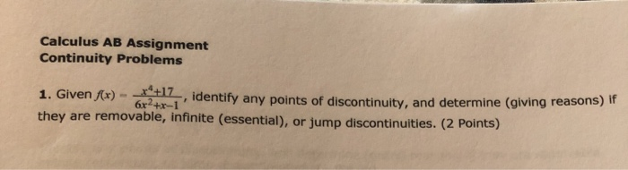 Solved Calculus AB Assignment Continuity Problems 1. Given | Chegg.com