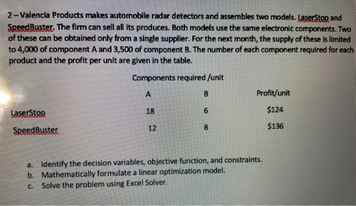 Solved 2-Valencia Products makes automobile radar detectors | Chegg.com