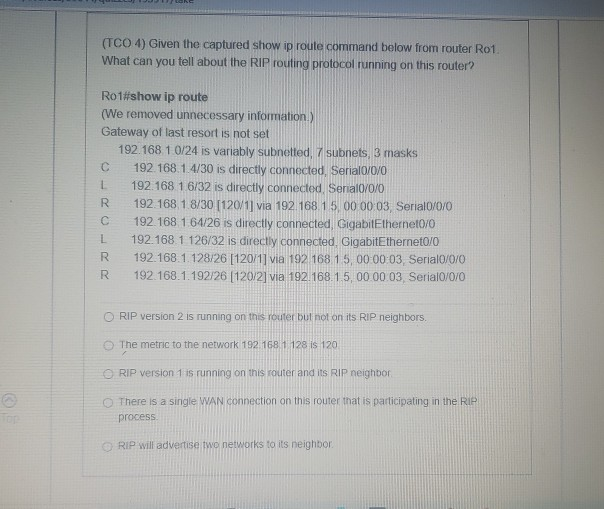 Solved (TCO 4) Given the captured show ip roule command | Chegg.com