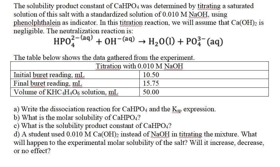 Solved The solubility product constant of CaHPO4 was | Chegg.com
